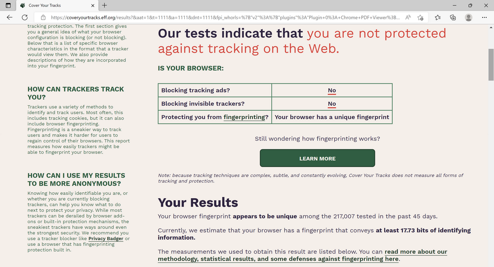 Browser Fingerprint Testing with Cover Your Tracks by EFF