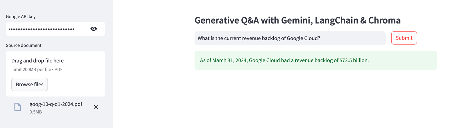 Generative Q&A with LangChain, Gemini and Chroma Generative Q&A with LangChain, Gemini and Chroma